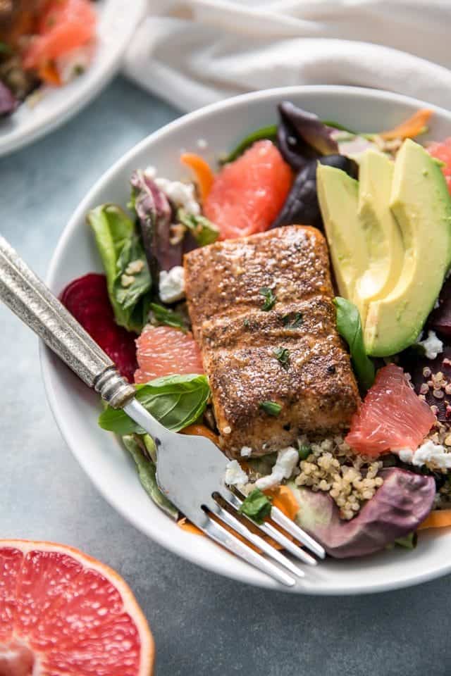 Grapefruit Salmon Salad with quinoa, beets and avocado • Fit Mitten Kitchen