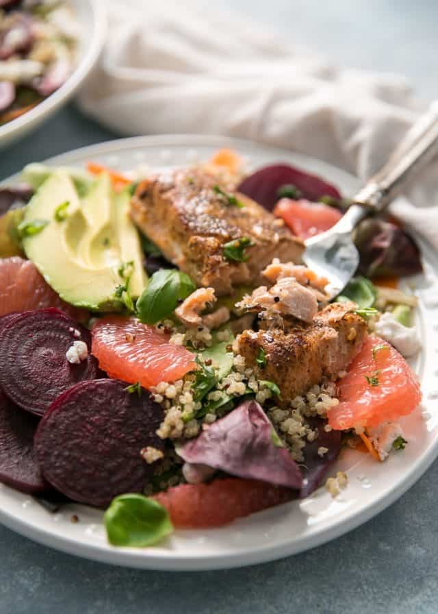 Grapefruit Salmon Salad with quinoa, beets and avocado • Fit Mitten Kitchen